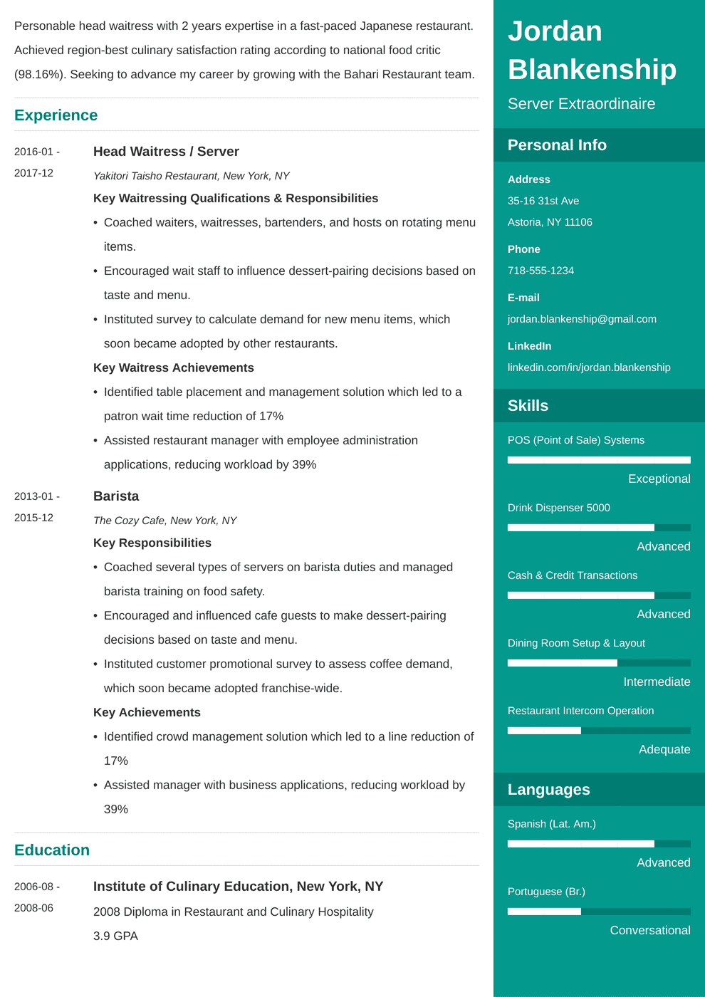 Waitress Resume Examples Skill List And How To Guide