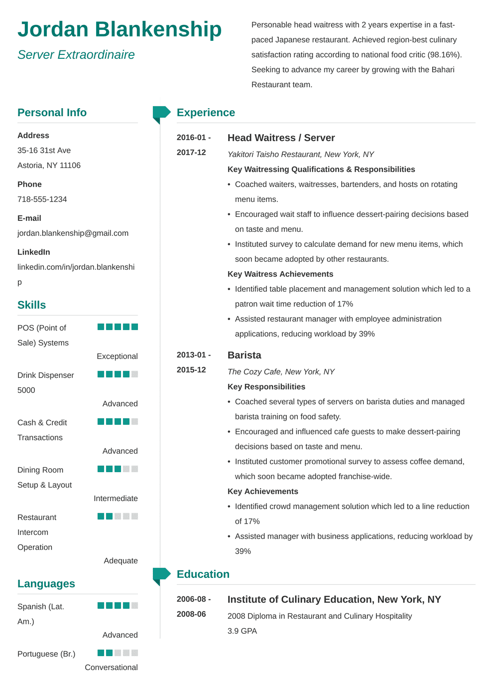 Sample Of Resume For Waitress Position Classles Democracy