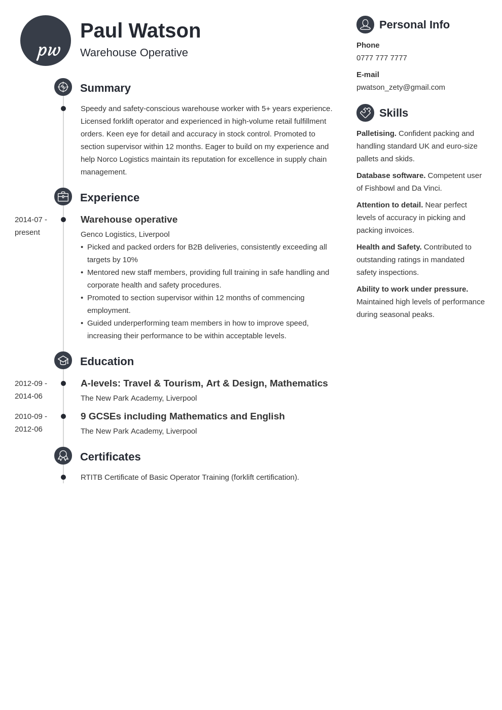 Warehouse Operative CV Example For A Warehouse Worker